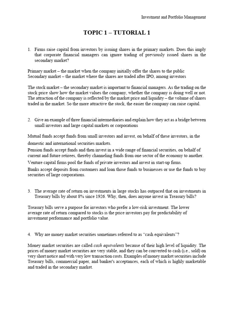 Tutorial 1 Solutions | PDF | Financial Markets | Investing