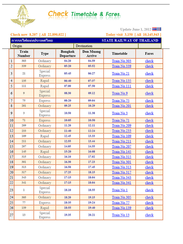 Thailand Train Timetable & Fares | PDF | Public Transport | Transport