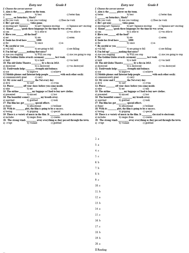 Entry Test Grade 8 2021 | PDF