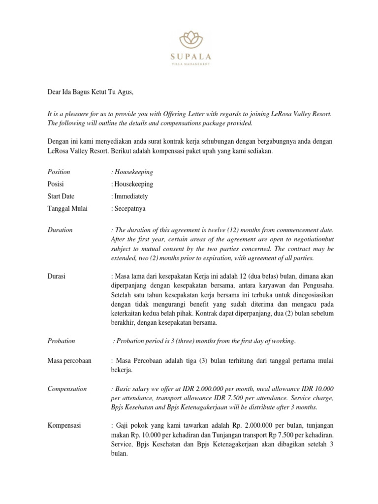 Offering Letter MR - Ida Bagus Ketut Tu Agus | PDF Offering Letter MR - Ida Bagus Ketut Tu Agus | PDF