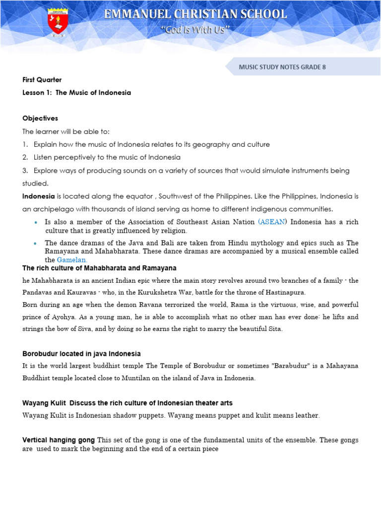 Music Lesson 1 - Grade 8 | PDF | Indonesia | Ramayana