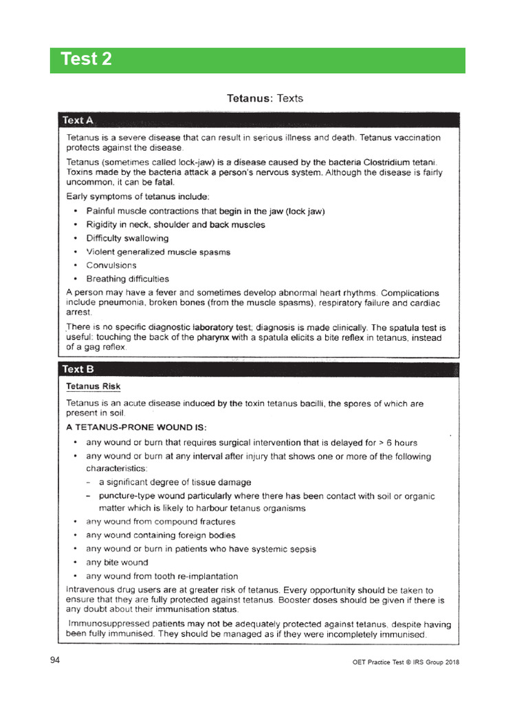 Irs Group Reading 2 Oet Reading Test Sample | PDF