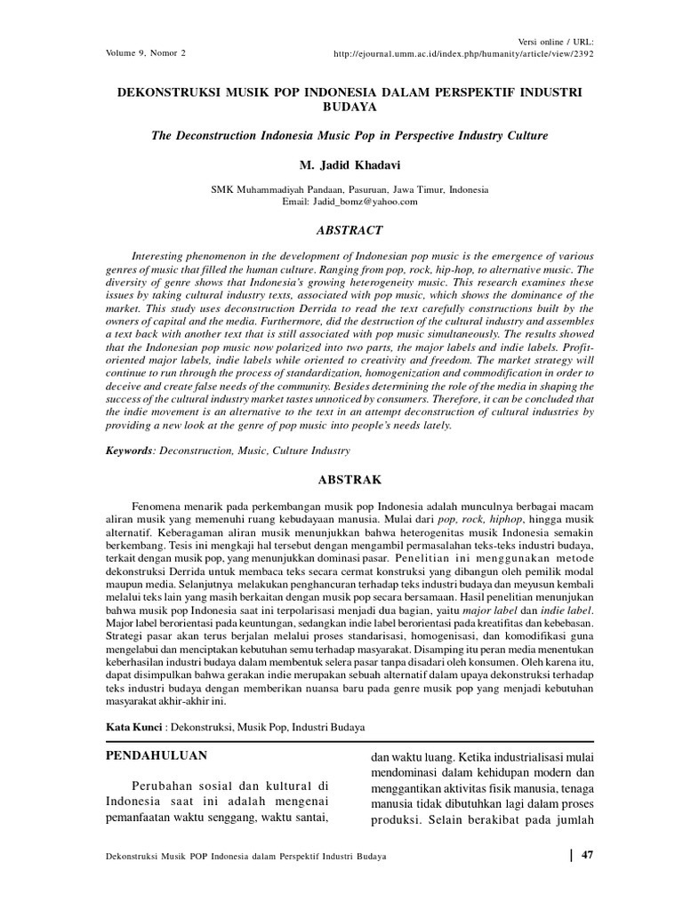 ID Dekonstruksi Musik Pop Indonesia Dalam Perspektif Industri Budaya | PDF | Deconstruction