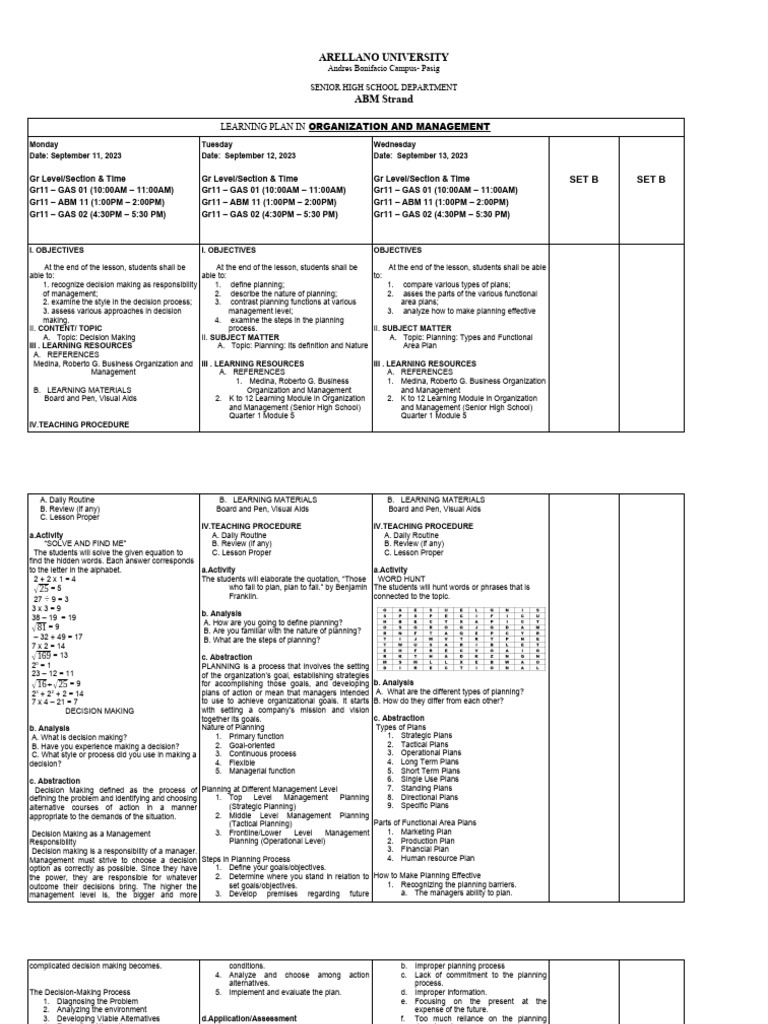 Lesson Plan in Planning and Organizing | PDF | Decision Making ...
