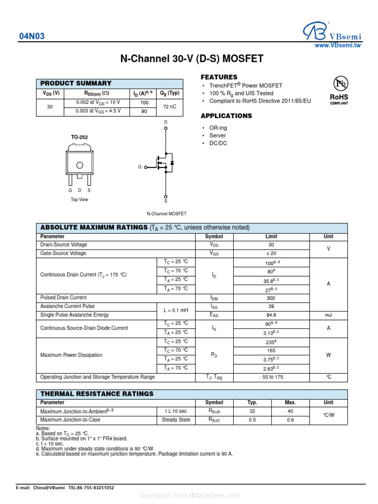 N-Channel 30-V (D-S) MOSFET: Features Product Summary | PDF | Field Effect Transistor | Diode