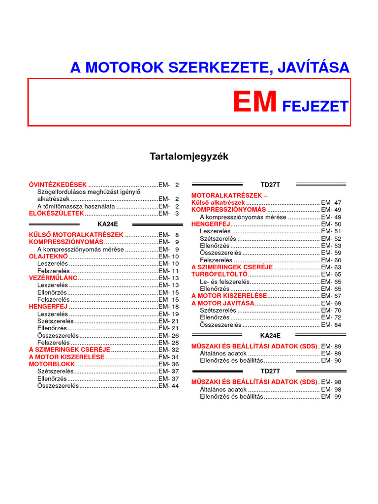A Motorok Szerkezete, Javítása Fejezet: Tartalomjegyzék | PDF
