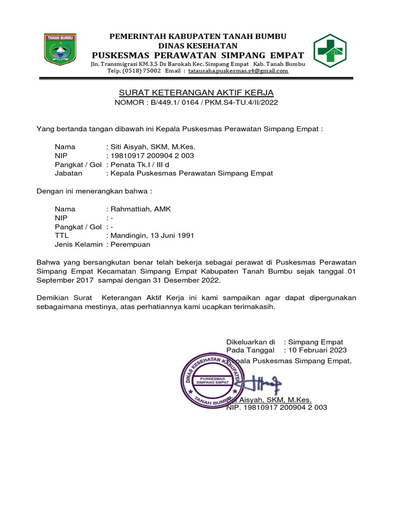Surat Aktif Kerja Simpang Empat | PDF