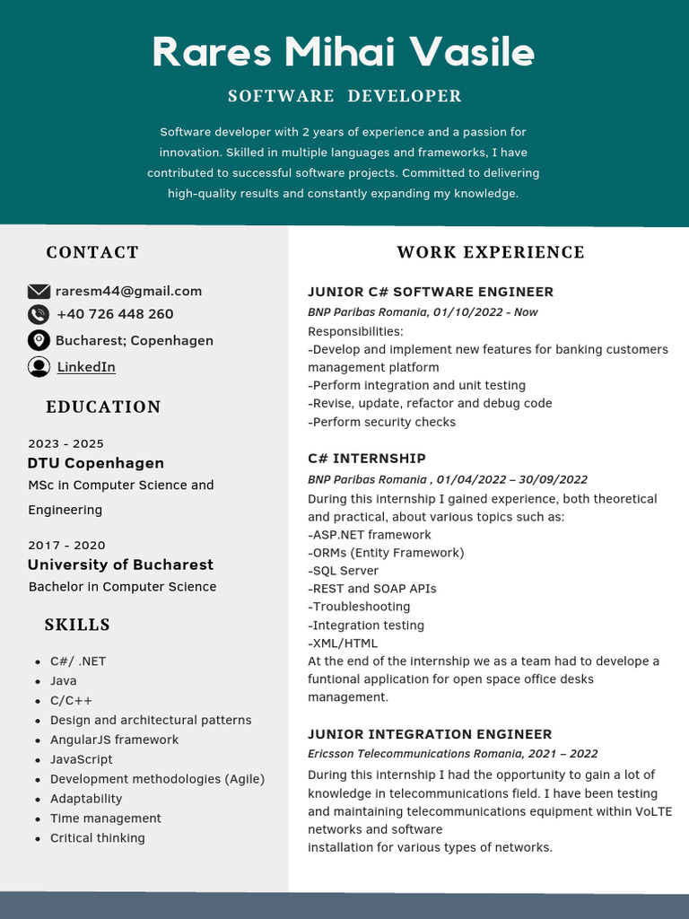 Rares Vasile CV | PDF | Software | C Sharp (Programming Language)