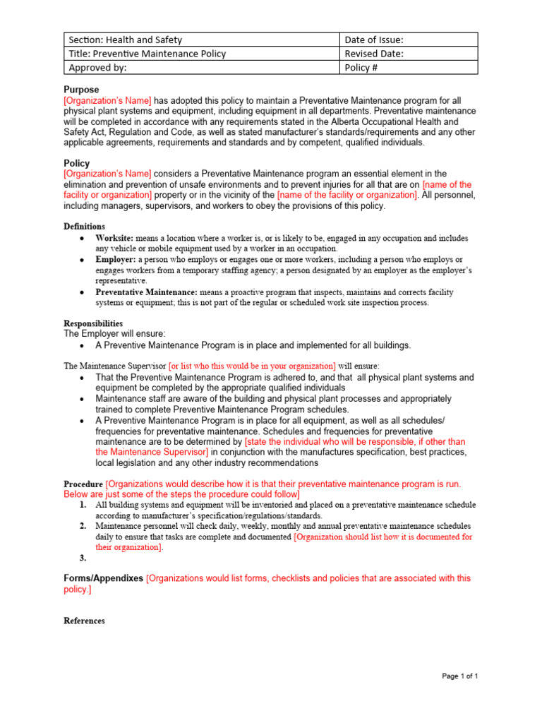 Preventive Maintenance Policy | PDF | Occupational Safety And Health ...