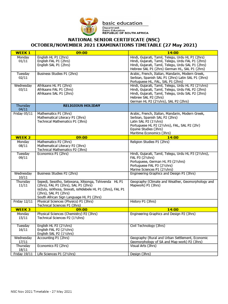 Nov 2021 NSC Timetable - 27 May 2021 - Final | PDF | Linguistics ...