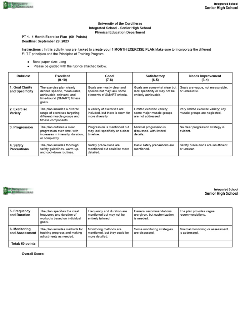 Hope 1 Pt2 1 Month Exercise Plan PDF Physical Fitness Rubric