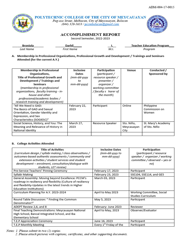 Broniola - ACCOMPLISHMENT REPORT SEMESTRAL FACULTY | PDF | Thesis