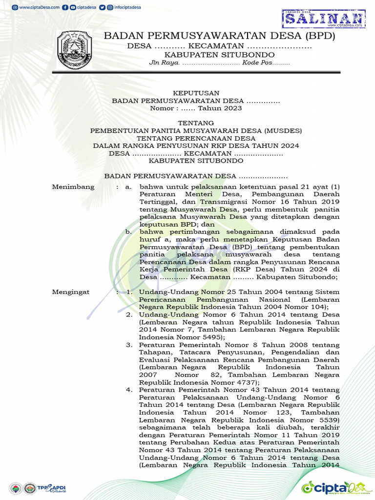 SK Panitia Musdes Perencanaan Desa RKP Desa 2024 | PDF