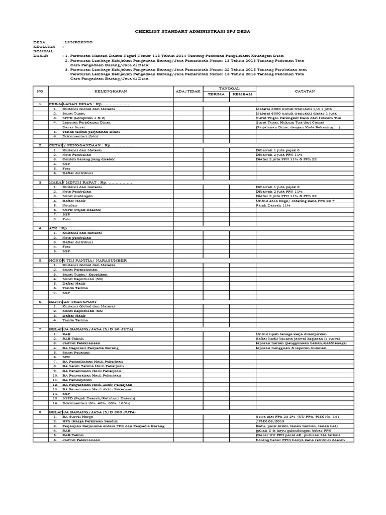 Checklist Administrasi SPJ Desa | PDF