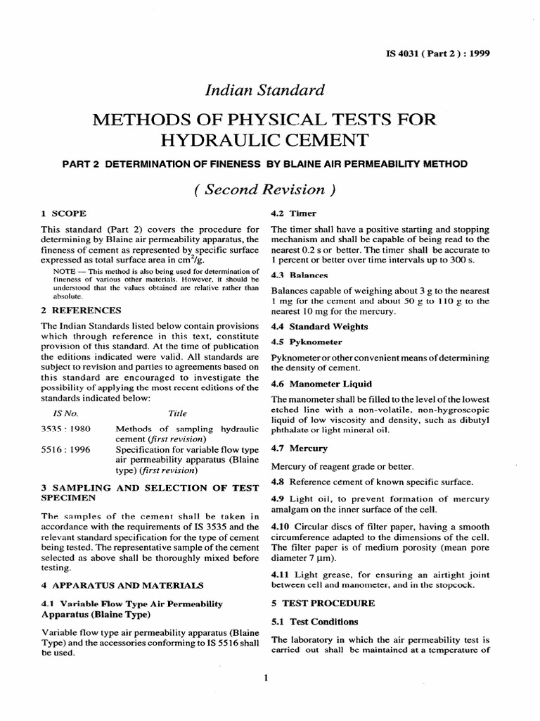 Cement Fineness Test Method IS 4031 Part 2 | PDF | Density | Porosity