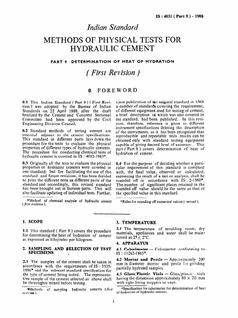 Is 4031-9 (1988) - Methods of Physical Tests For Hydraulic Cement, Part ... Is 4031-9 (1988) - Methods of Physical Tests For Hydraulic Cement, Part ...