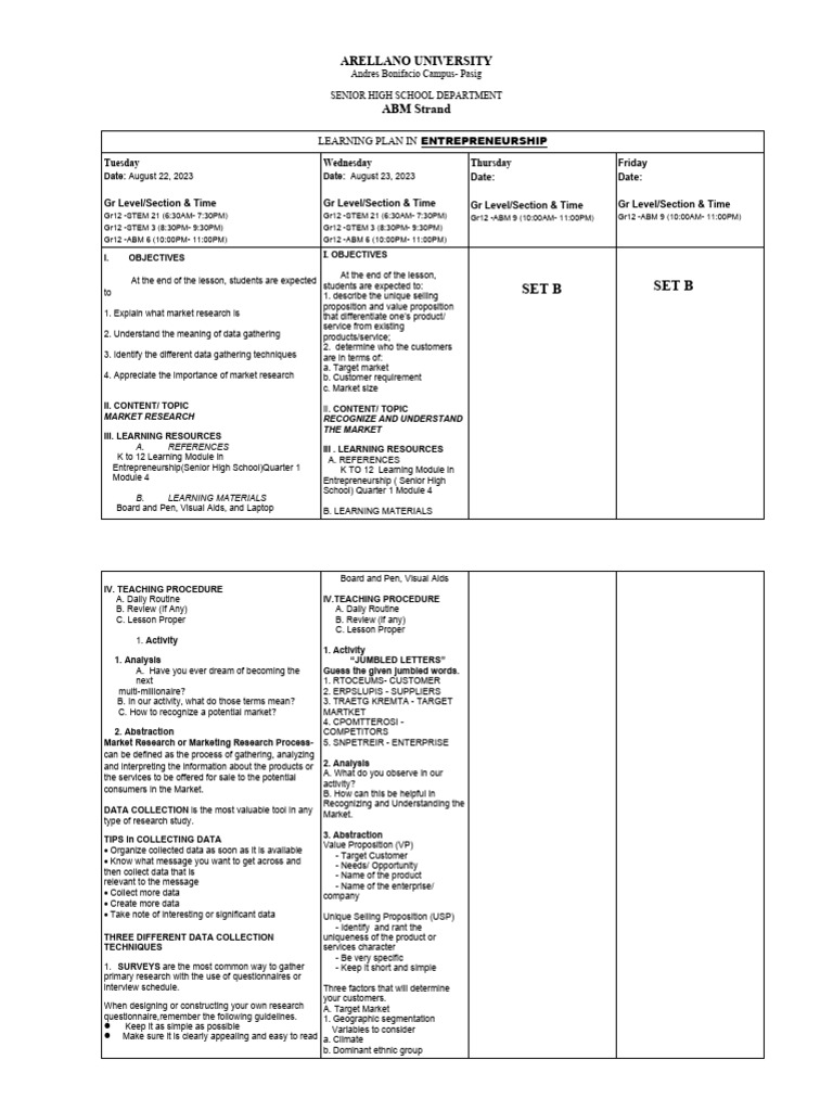 LESSON Plan ENTREP Sy2023 24 | PDF | Market Segmentation | Focus Group