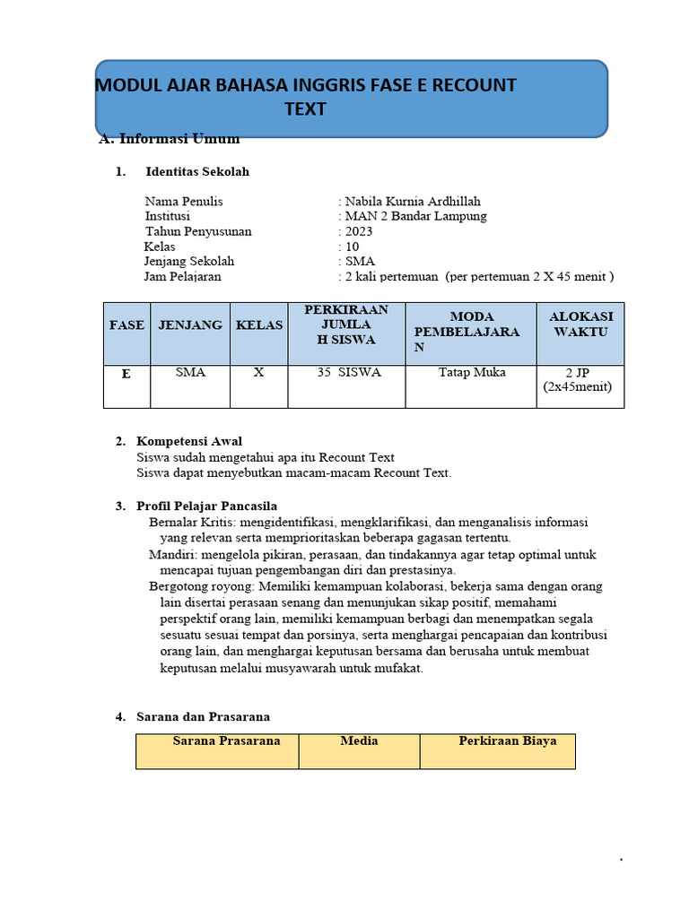 Modul Ajar Recount Text X Man 2 | PDF