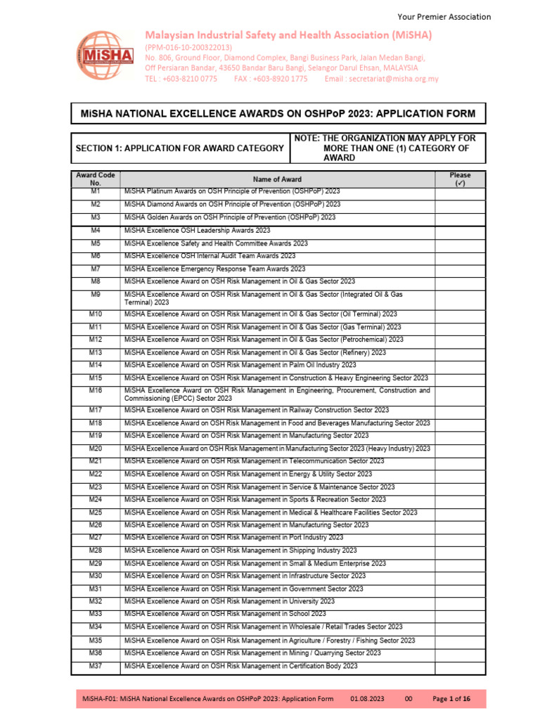Application Form (MiSHA NATIONAL EXCELLENCE AWARDS ON OSH PRINCIPLE OF ...