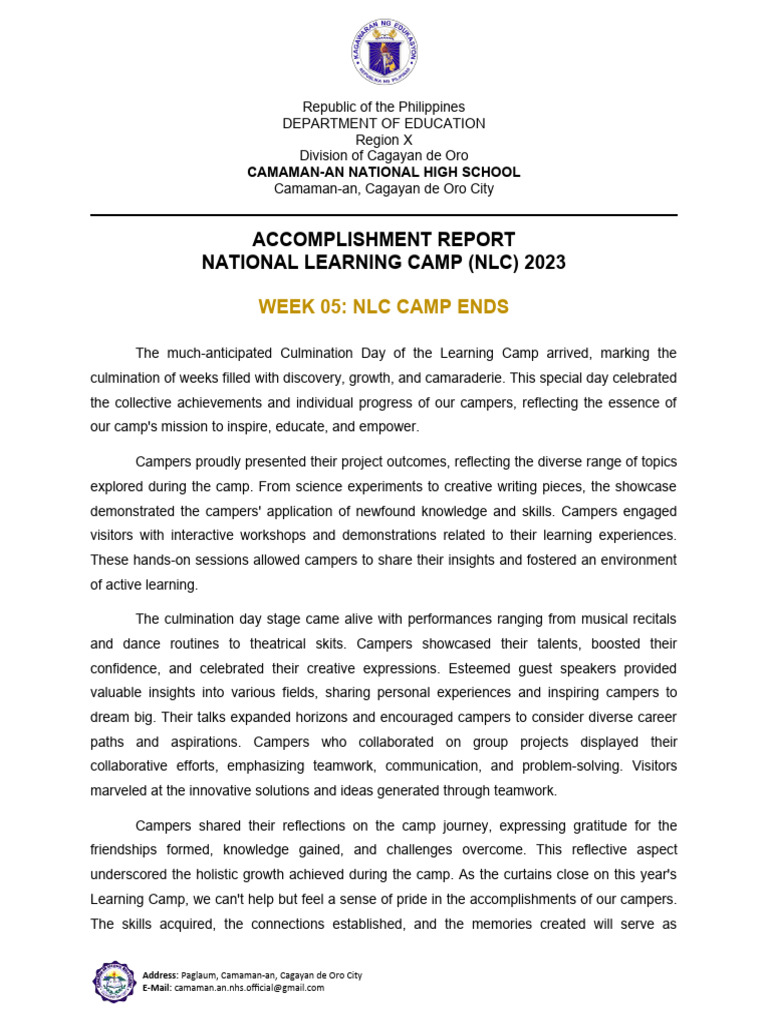 Week 05 Accomplishment Report | PDF | Learning | Cognition