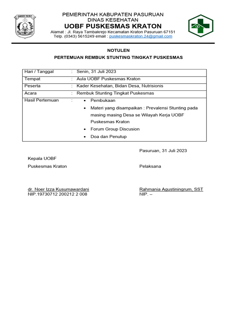 Notulen Rembuk Stunting Puskesmas | PDF