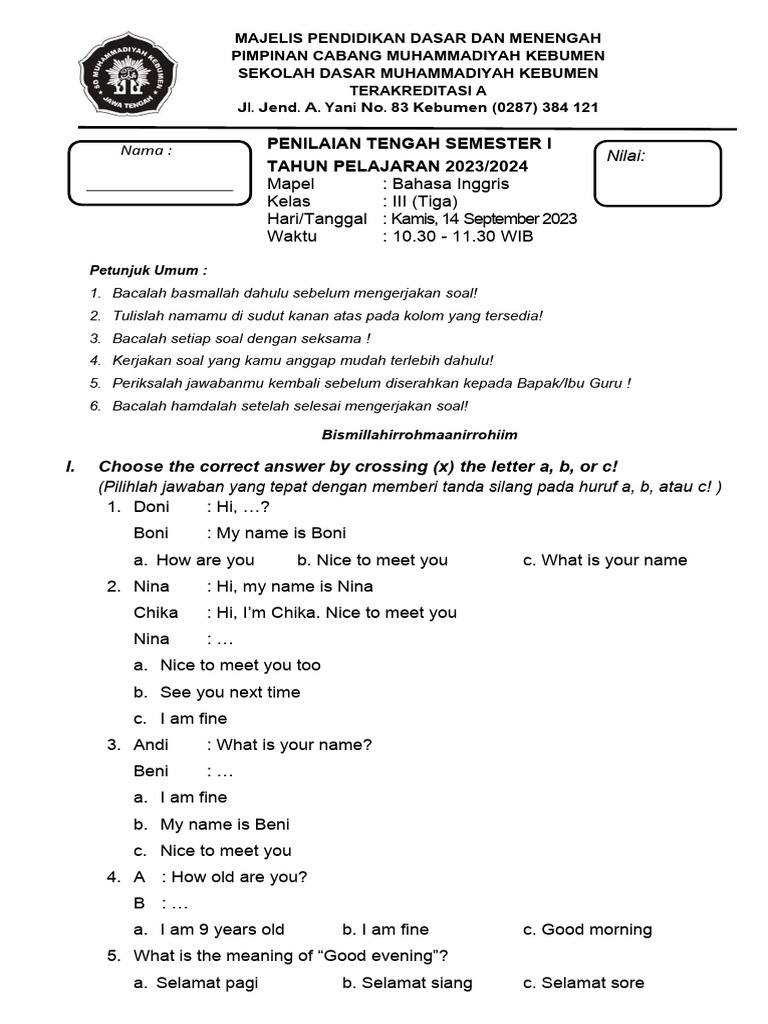 PTS 1 Kelas 3 2324 | PDF