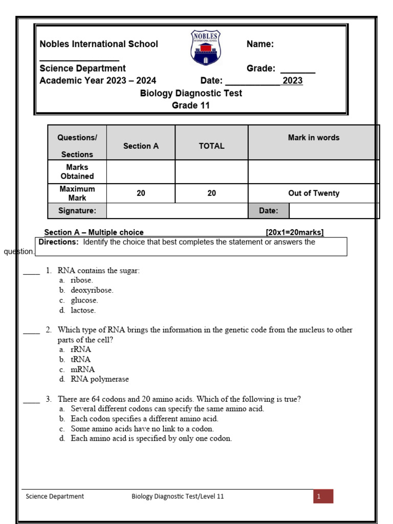 Grade 11 Bio Diagnostic Sy 2023-2024 | PDF | Rna | Genetic Code