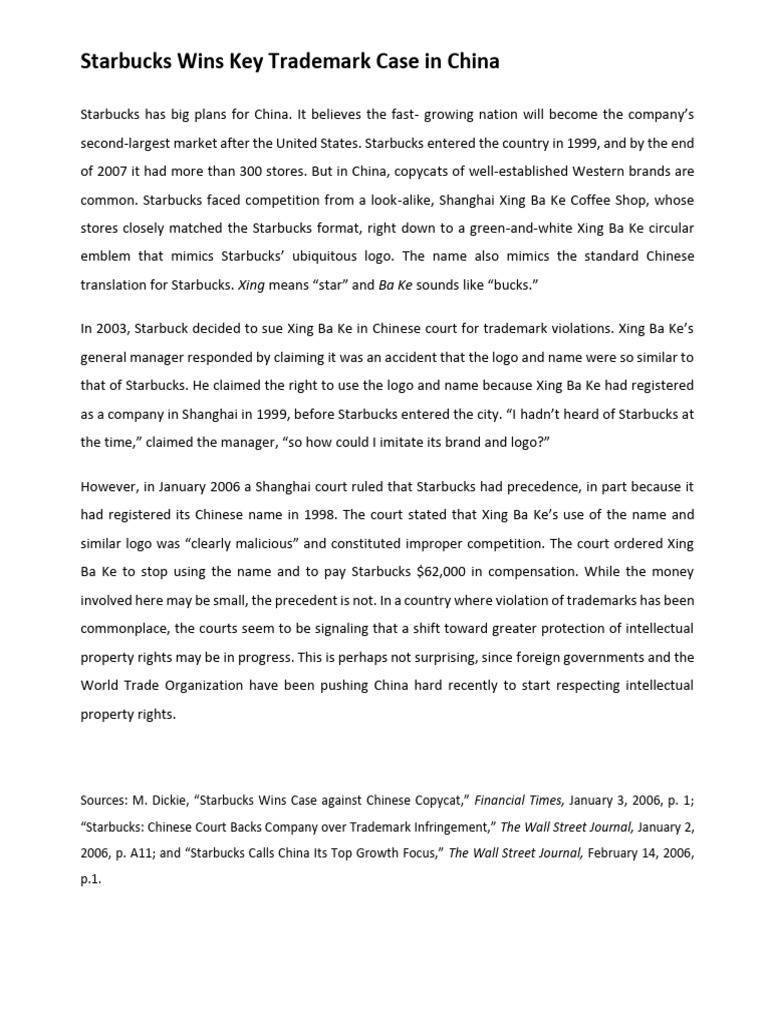 Chapter 2. Starbucks Wins Key Trademark Case in China | PDF | Starbucks ...