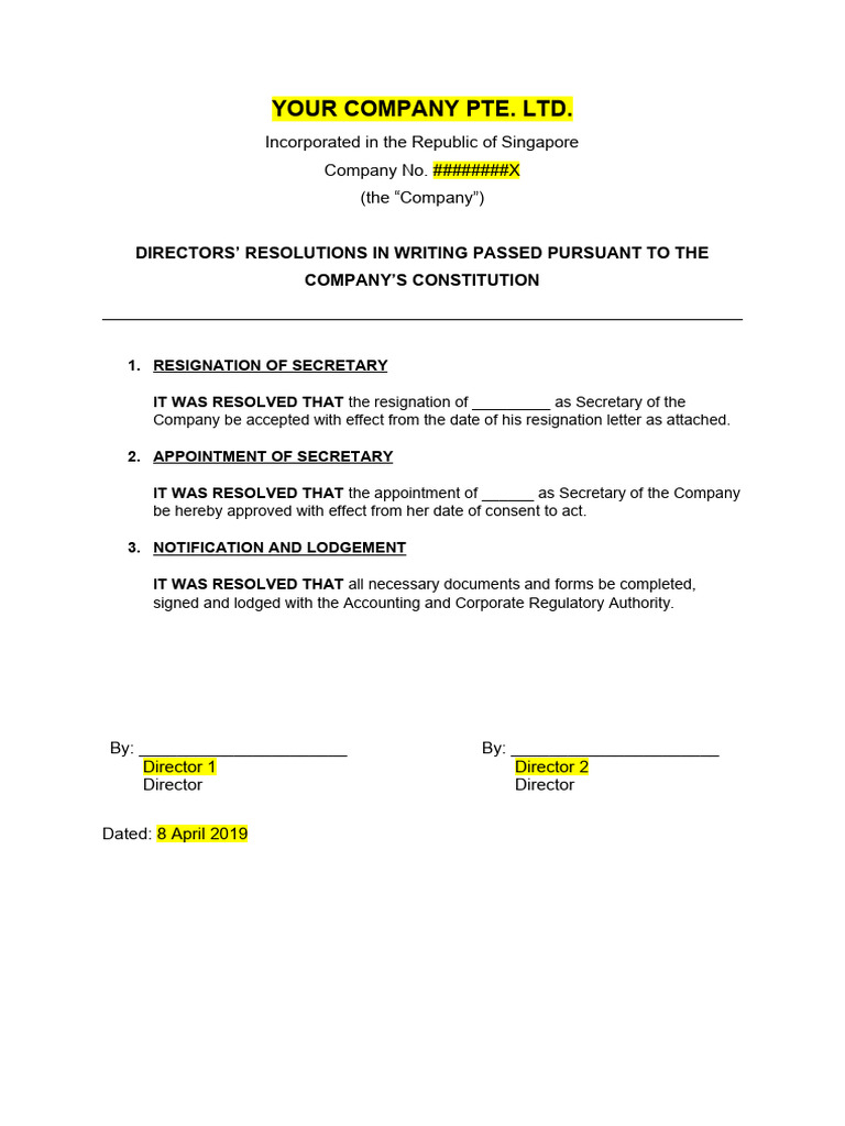 Directors Resolution Change of Company Secretaries | PDF | Business ...