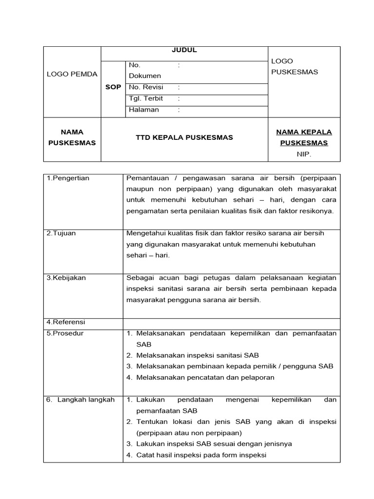 Sop Inspeksi Sanitasi Sarana Air Bersih (Sab) | PDF