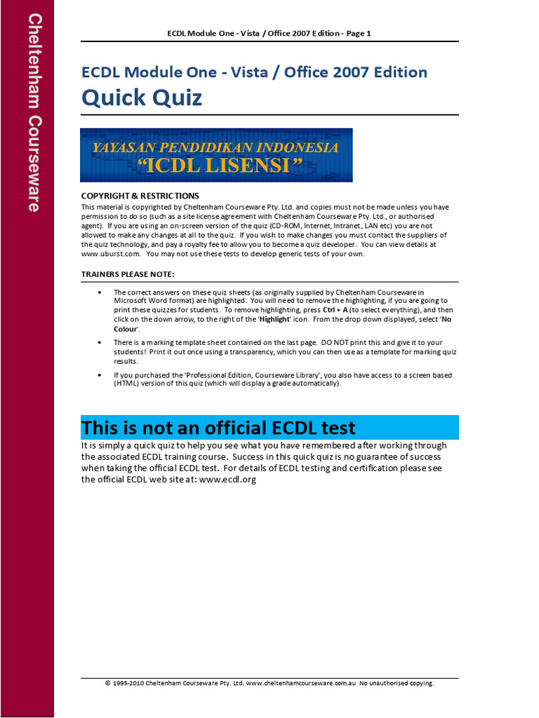 Ecdl v5.0 Module 1 Windows Vista Quiz | PDF | Floppy Disk | Computer Hardware