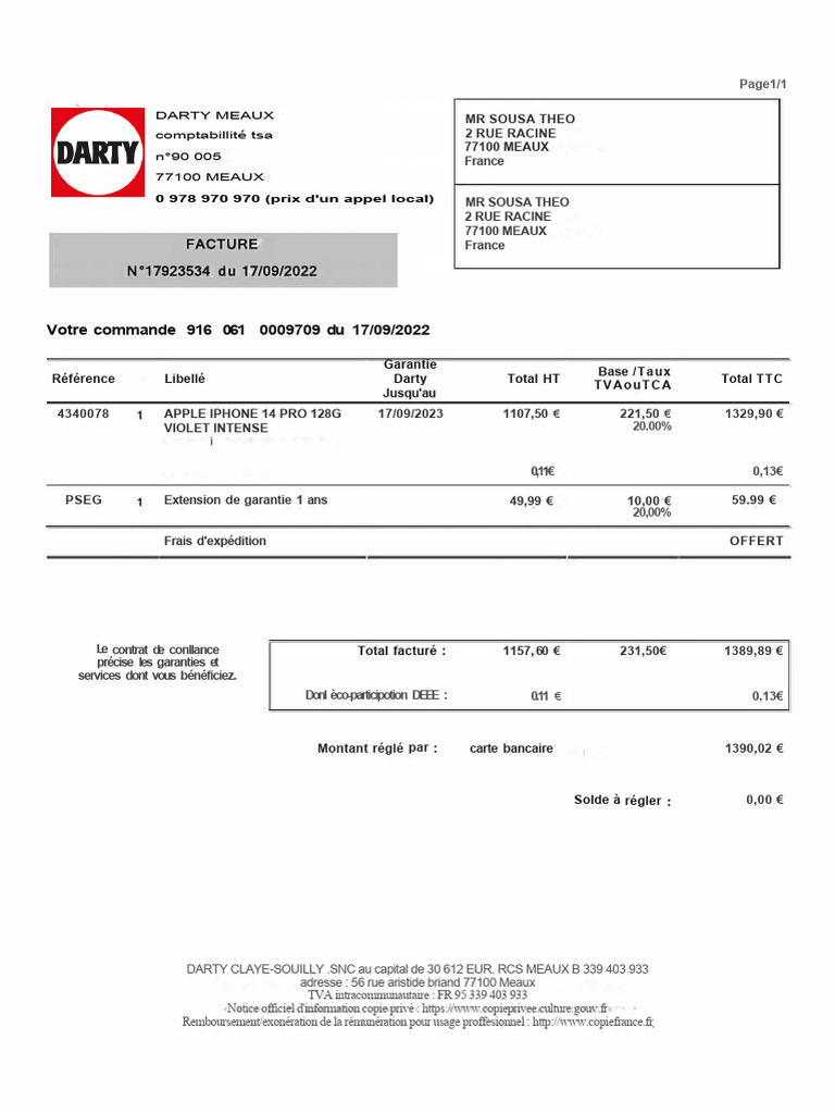 Facture Darty pour iPhone 14 Pro | PDF | Financement du gouvernement ...
