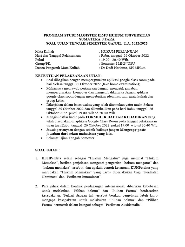 Ujian Hukum Perjanjian MKN USU | PDF | Seni | Komputer