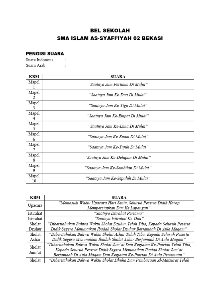 Suara Bel Sekolah dan Jadwal Kegiatan | PDF