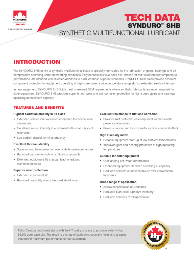 Synduro SHB Synthetic Multifunctional Lubricant | PDF | Lubricant | Bearing (Mechanical)