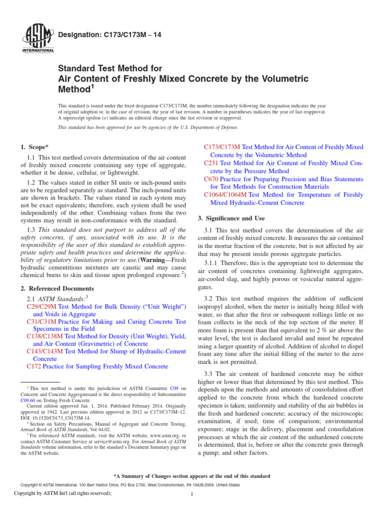 C173 - C173M-14 Standard Test Method For Air Content of Freshly Mixed ...