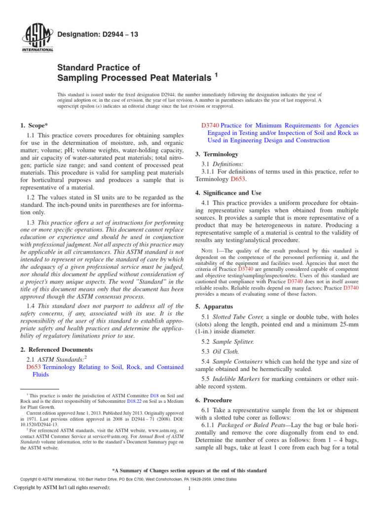 D2944-13 Standard Practice of Sampling Processed Peat Materials | PDF ...