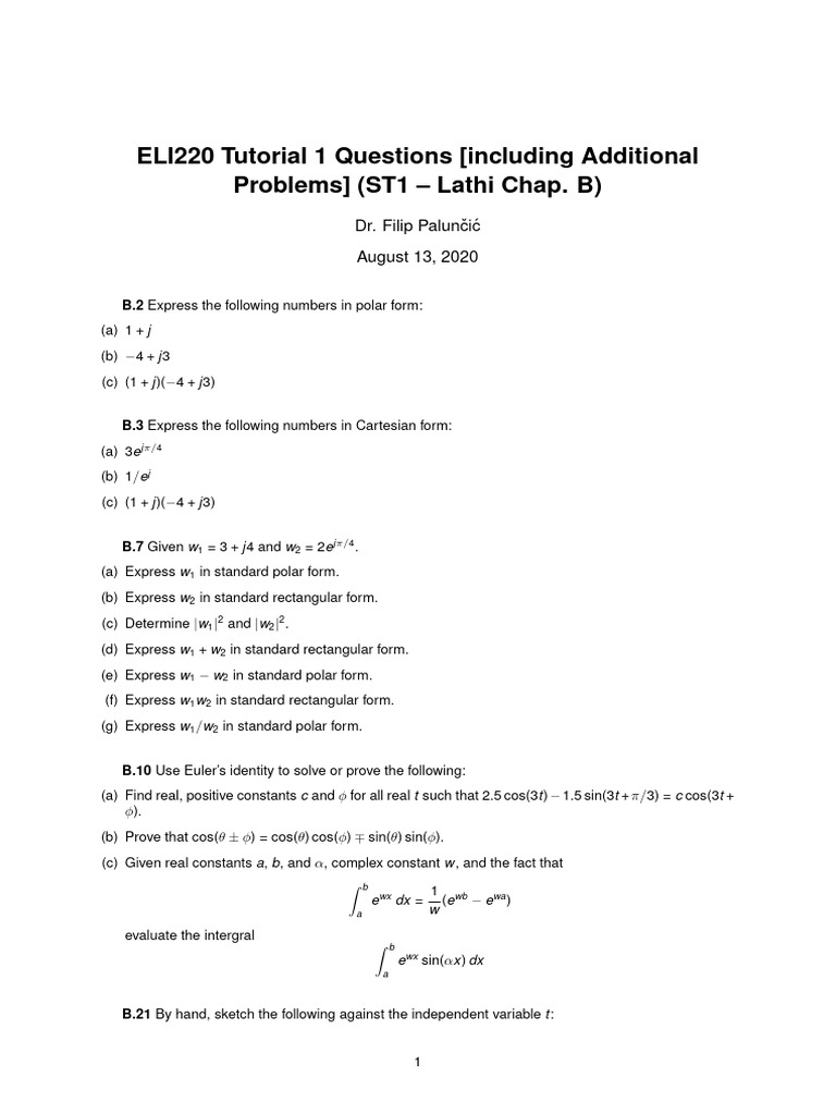ELI220 Tutorial 1: Polar & Cartesian Problems | PDF | Abstract Algebra ...