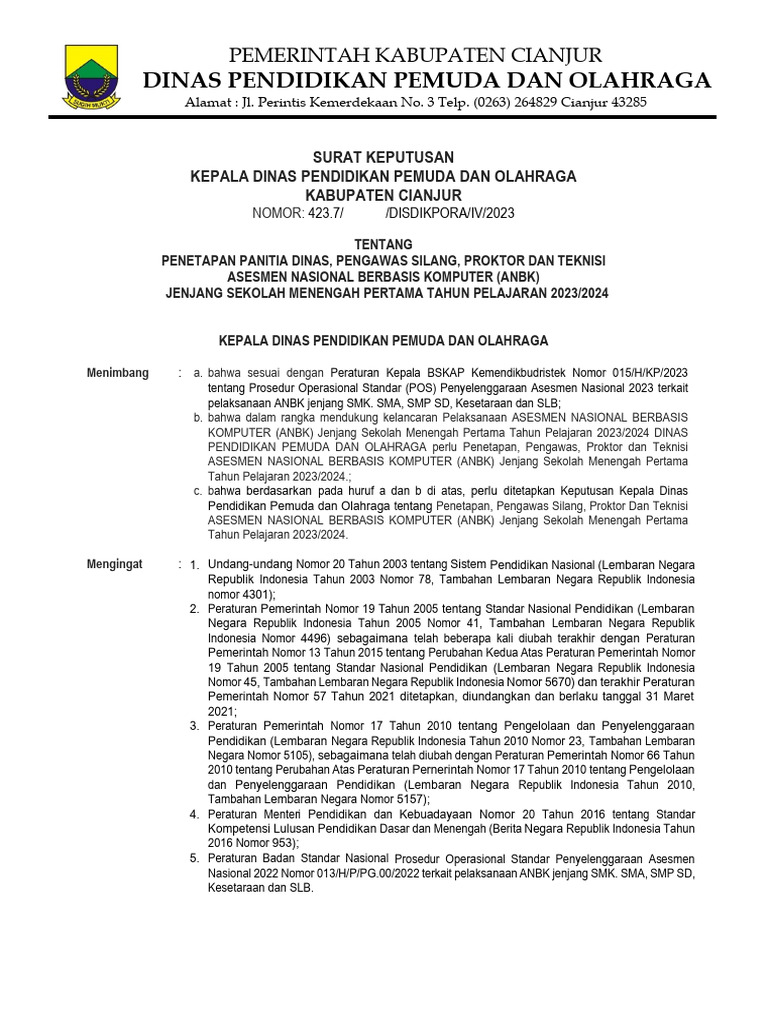 SK Panitia Pengawas Proktor Dan Teknisi ANBK - 2023 | PDF