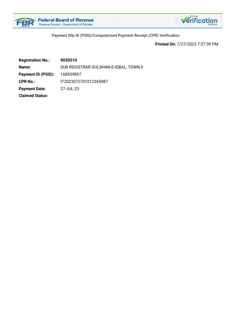 Printed On: 7/27/2023 7:27:39 PM: Sub Registrar Gulshan-E-Iqbal, Town ...