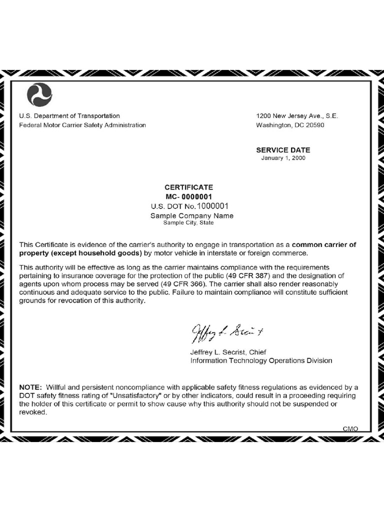 MC DOT Certificate | PDF