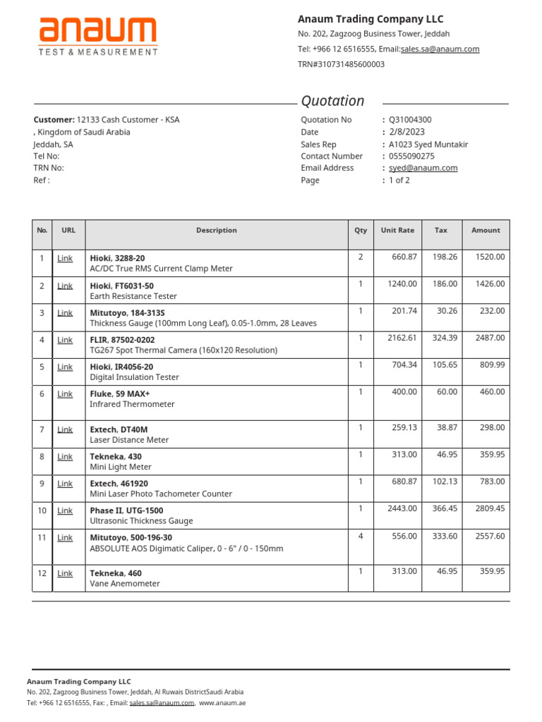 Quotation: No. URL Description Qty Unit Rate Tax Amount | PDF | Measuring Instrument | Equipment