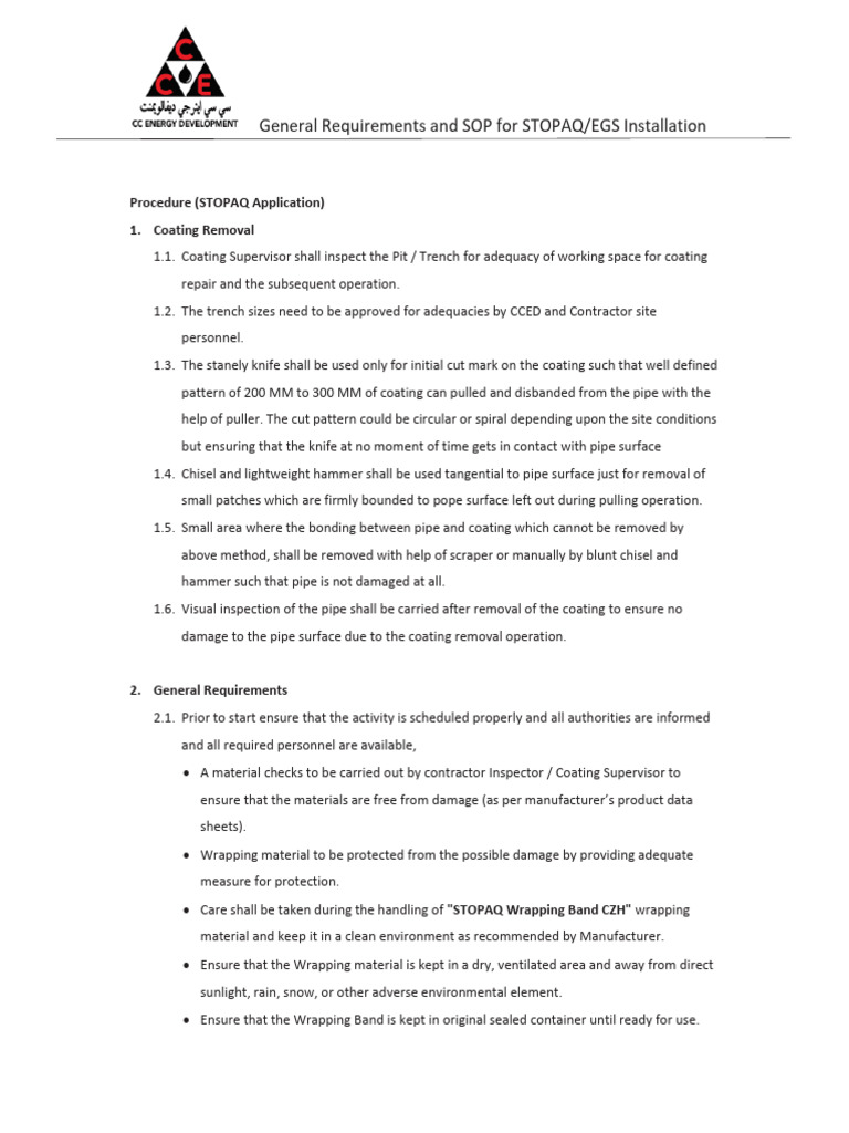 General Requirements and SOP For STOPAQ-EGS Installation | PDF ...