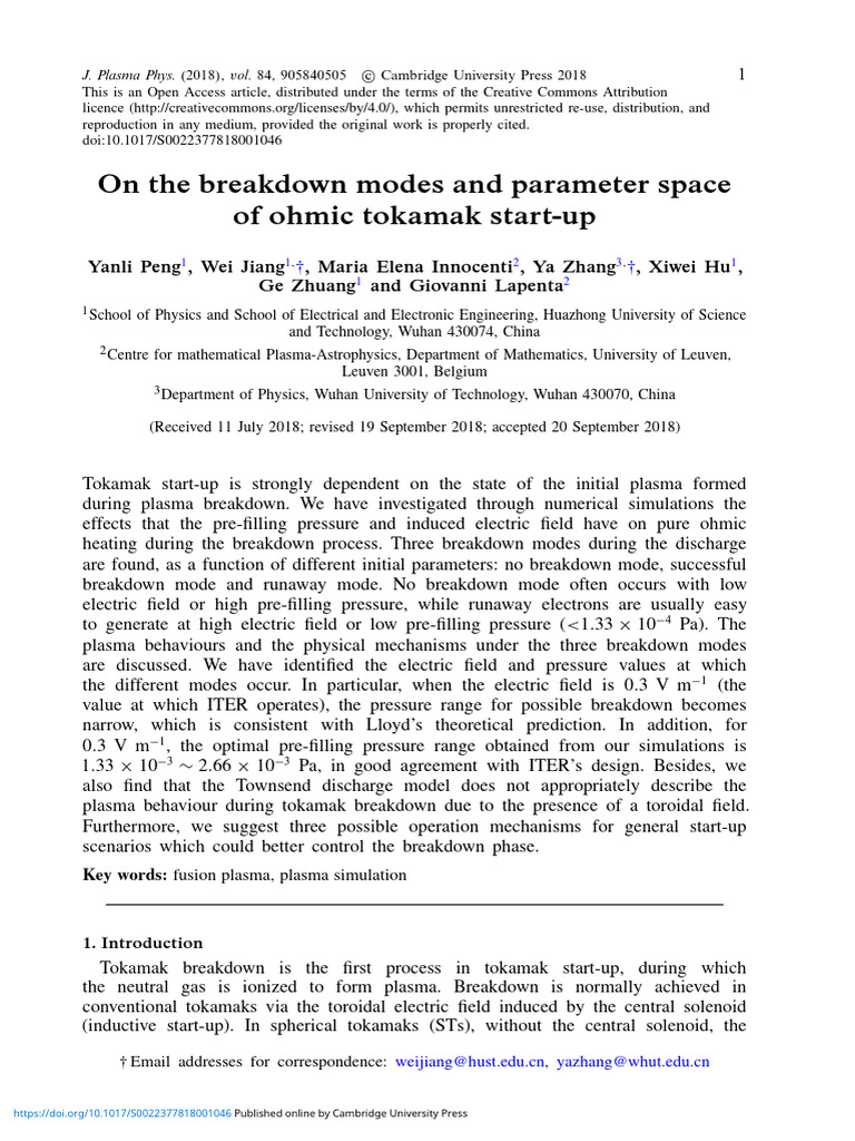 On The Breakdown Modes and Parameter Space of Ohmic Tokamak Start Up | PDF | Plasma (Physics ...