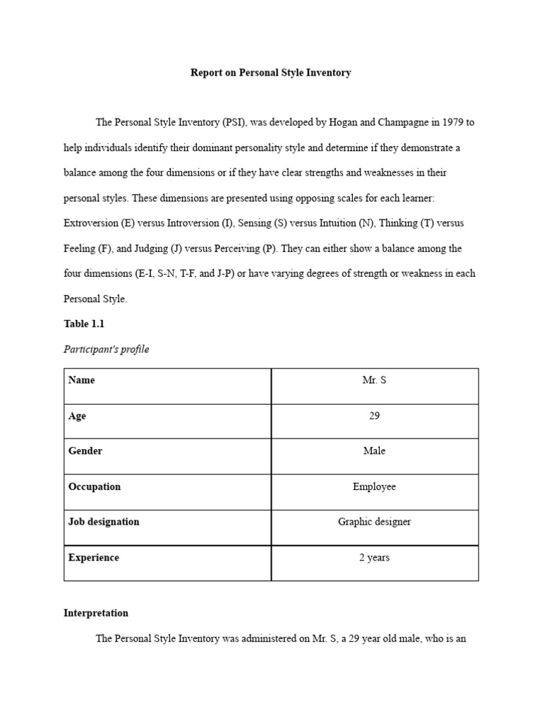 Report On Personal Style Inventory | PDF | Extraversion And Introversion | Scientific Theories