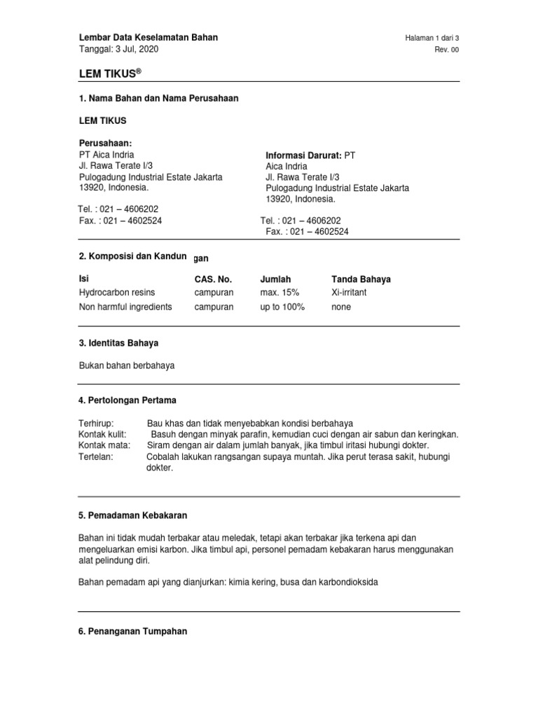 MSDS Lem Tikus - Kuning | PDF