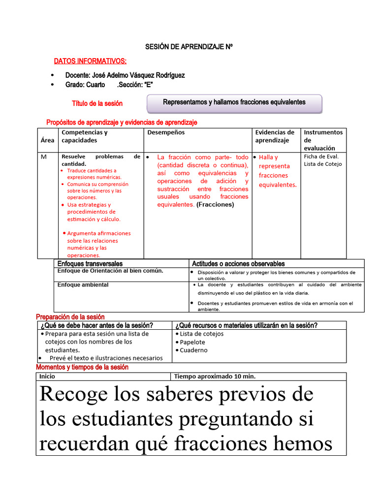 SES - MAT. REPRESENT. y HALLAMOS FRACC. EQUIV. #01 | PDF | Aprendizaje