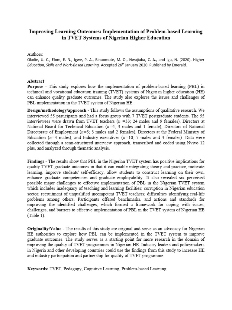 Implementation of Problem-Based Learning Draft | PDF | Vocational Education | Learning