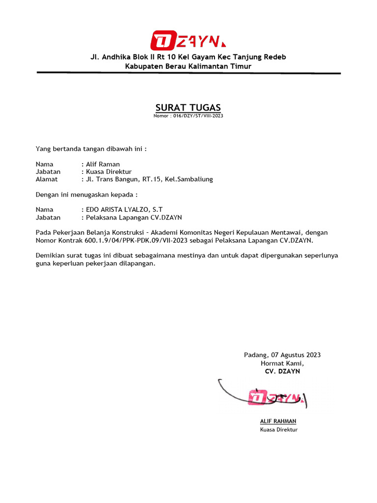 Surat Tugas Pelaksana Lapangan | PDF