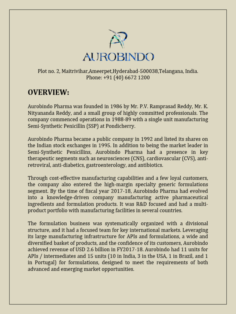 AUROBINDO | PDF | Pharmaceutical Industry | Medicinal Chemistry